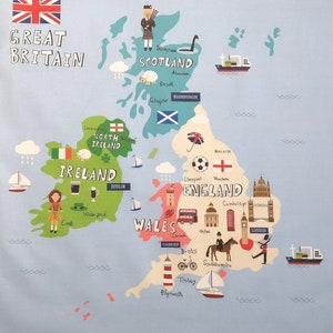 100% Cotton Digital Fabric Oh Sew United Kingdom Cartoon Country Map ...