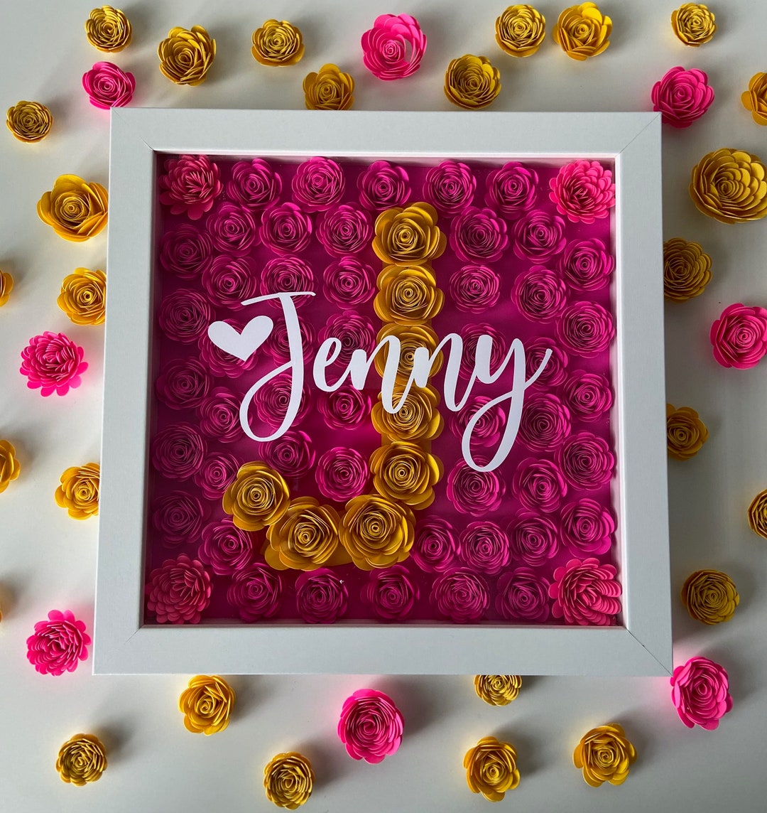 Personalized Floral Shadowbox: Initial Flower Art (8x8) - Etsy