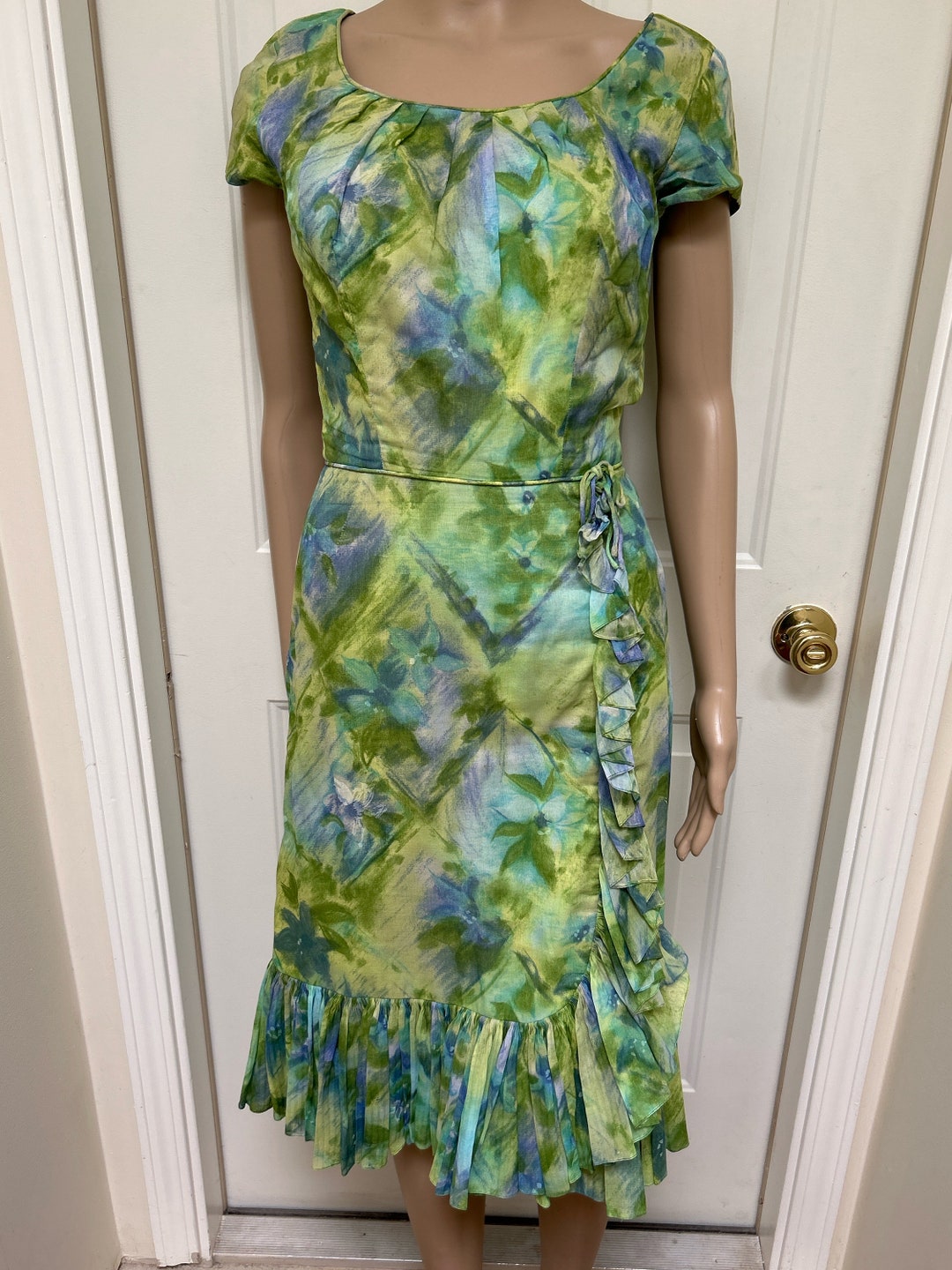 Vintage 1950s Peggy Hunt Green Chiffon Floral Midi Wiggle Dress Ruffle ...