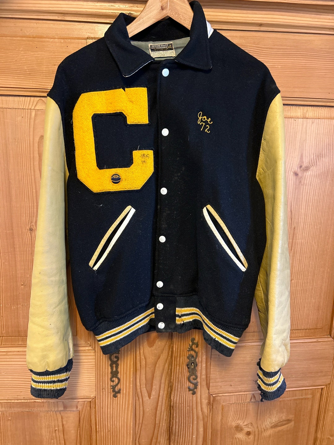 Vintage Leather Wool Varsity Letterman’s Jacket Black Tan & Yellow ...