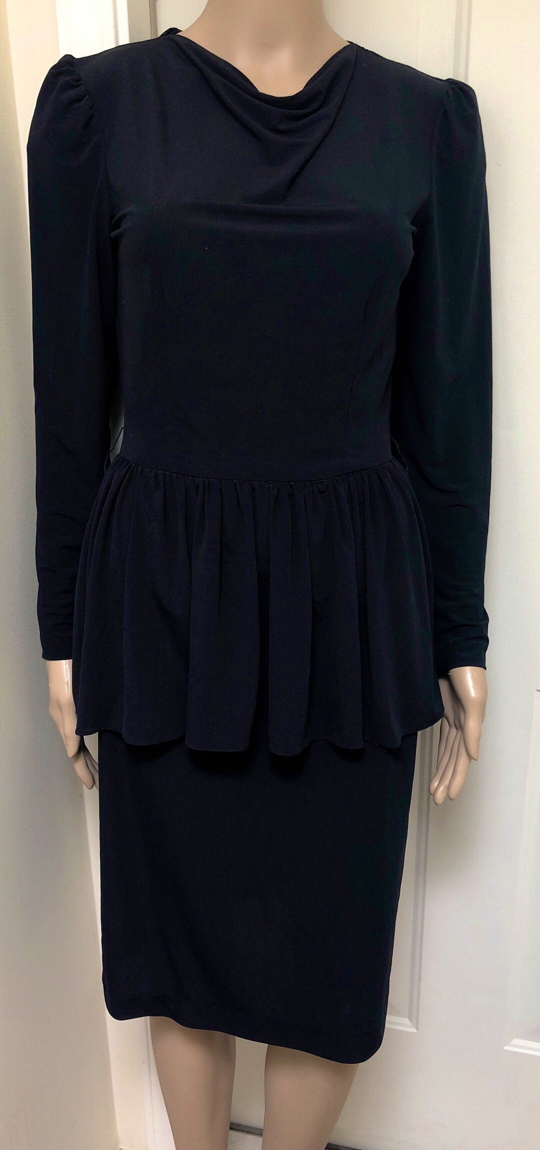 Vintage 80s Ala Carte California Black Peplum Dress | Puffy Long Sleeve ...