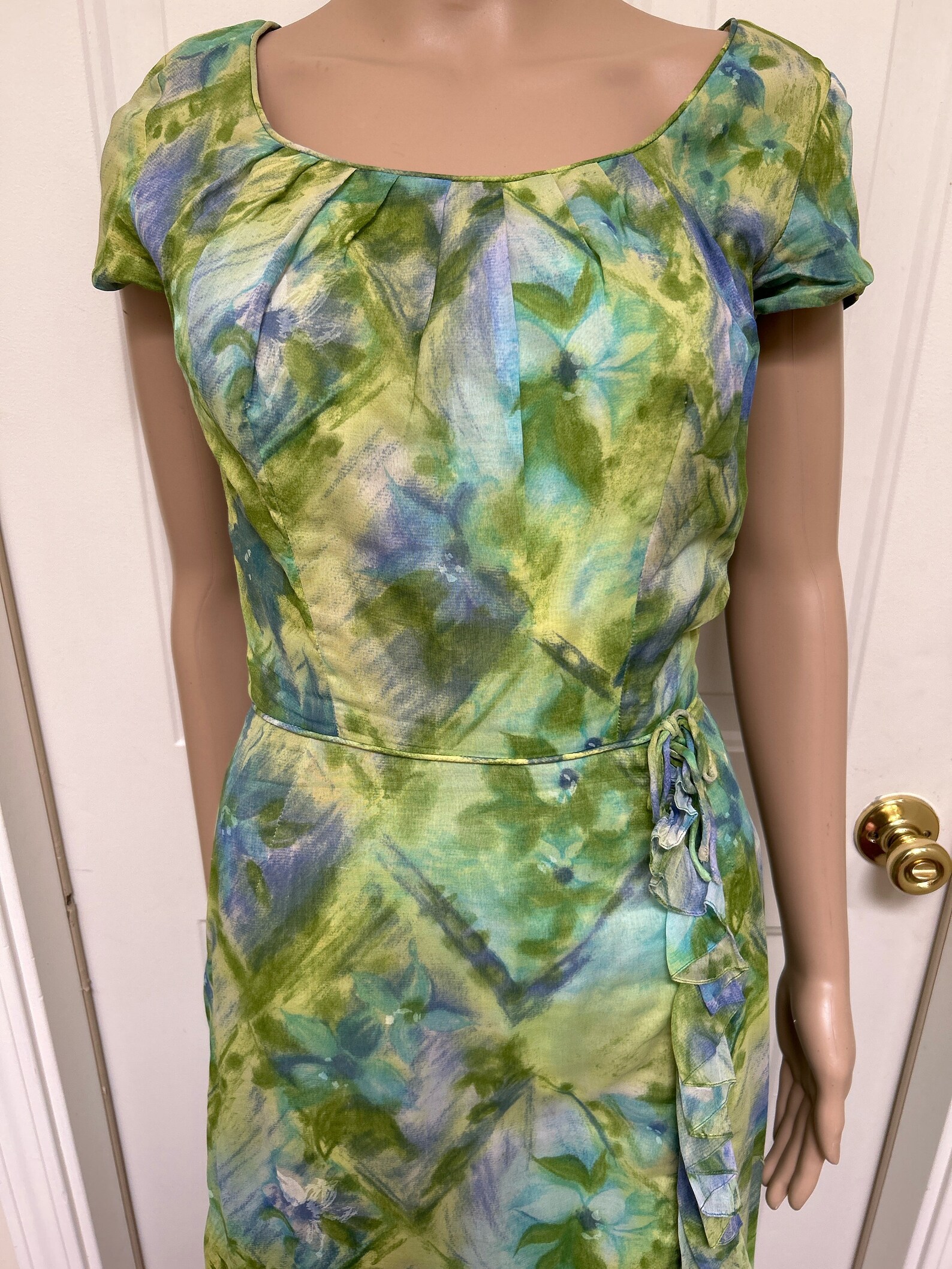 Vintage 1950s Peggy Hunt Green Chiffon Floral Midi Wiggle Dress Ruffle ...