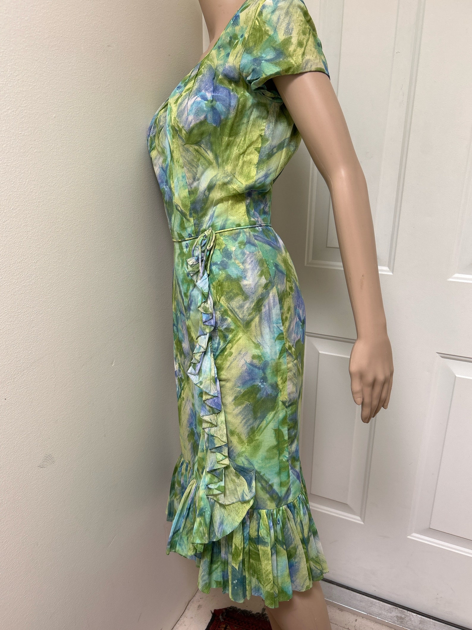 Vintage 1950s Peggy Hunt Green Chiffon Floral Midi Wiggle Dress Ruffle ...