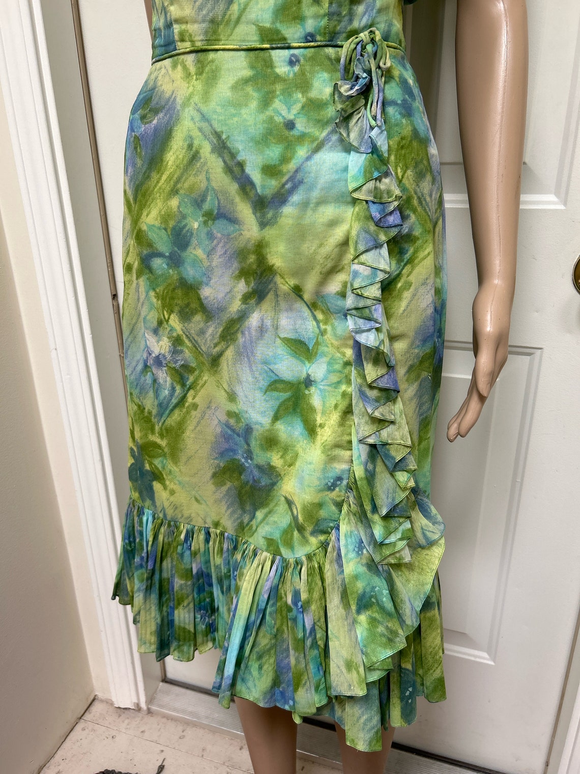 Vintage 1950s Peggy Hunt Green Chiffon Floral Midi Wiggle Dress Ruffle ...