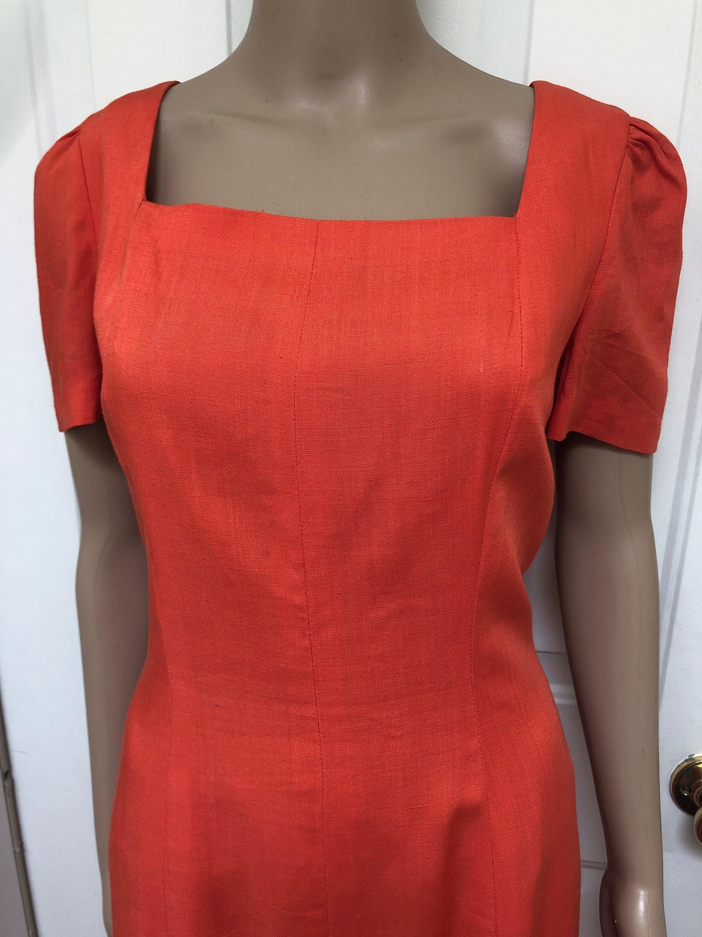 Vintage Classic 60s 70s Adele Simpson Orange Linen Midi Sheath Dress ...