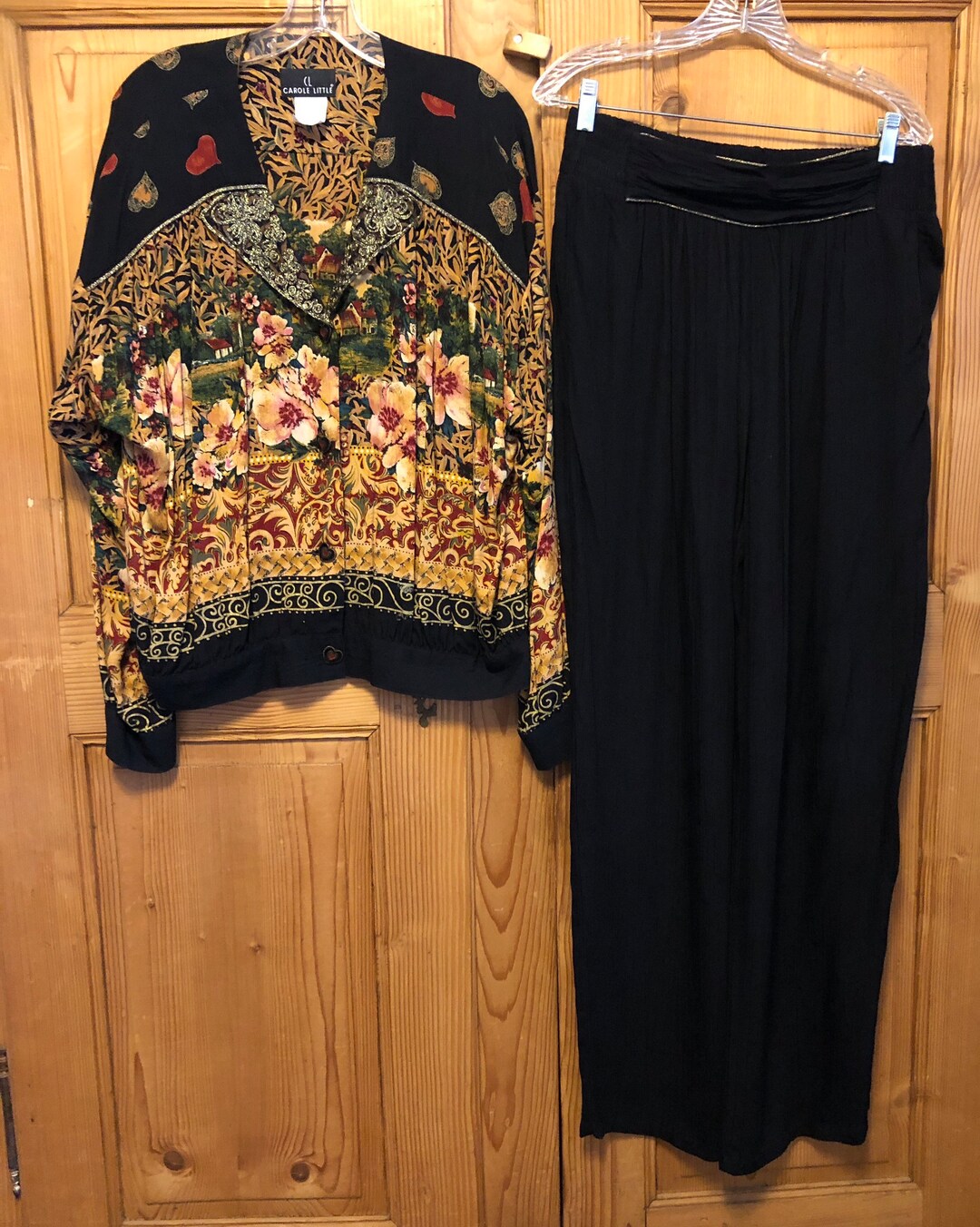 Vintage 1980’s Carole Little Suit Set Floral Jacket Black Pants Hearts ...