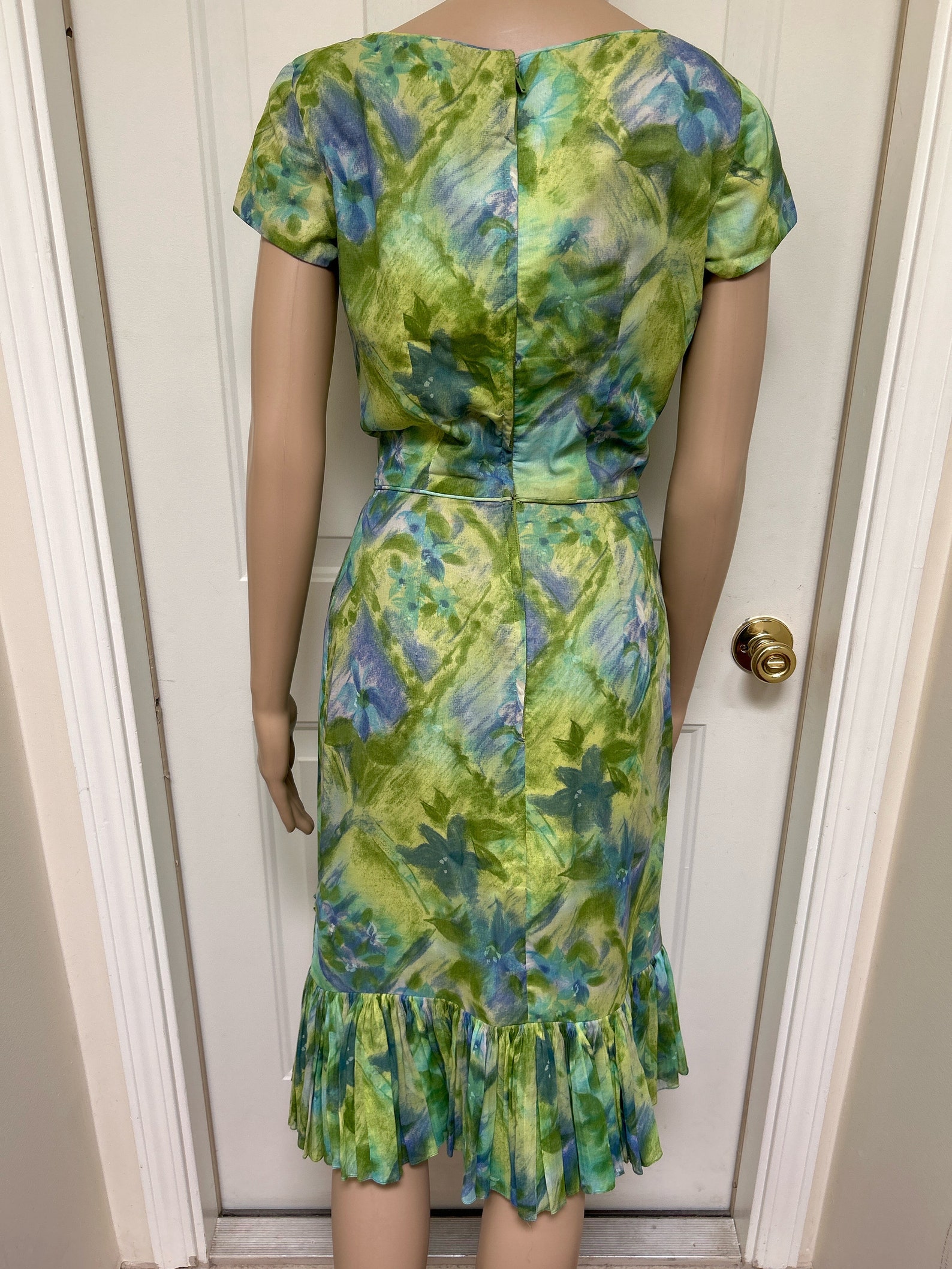 Vintage 1950s Peggy Hunt Green Chiffon Floral Midi Wiggle Dress Ruffle ...