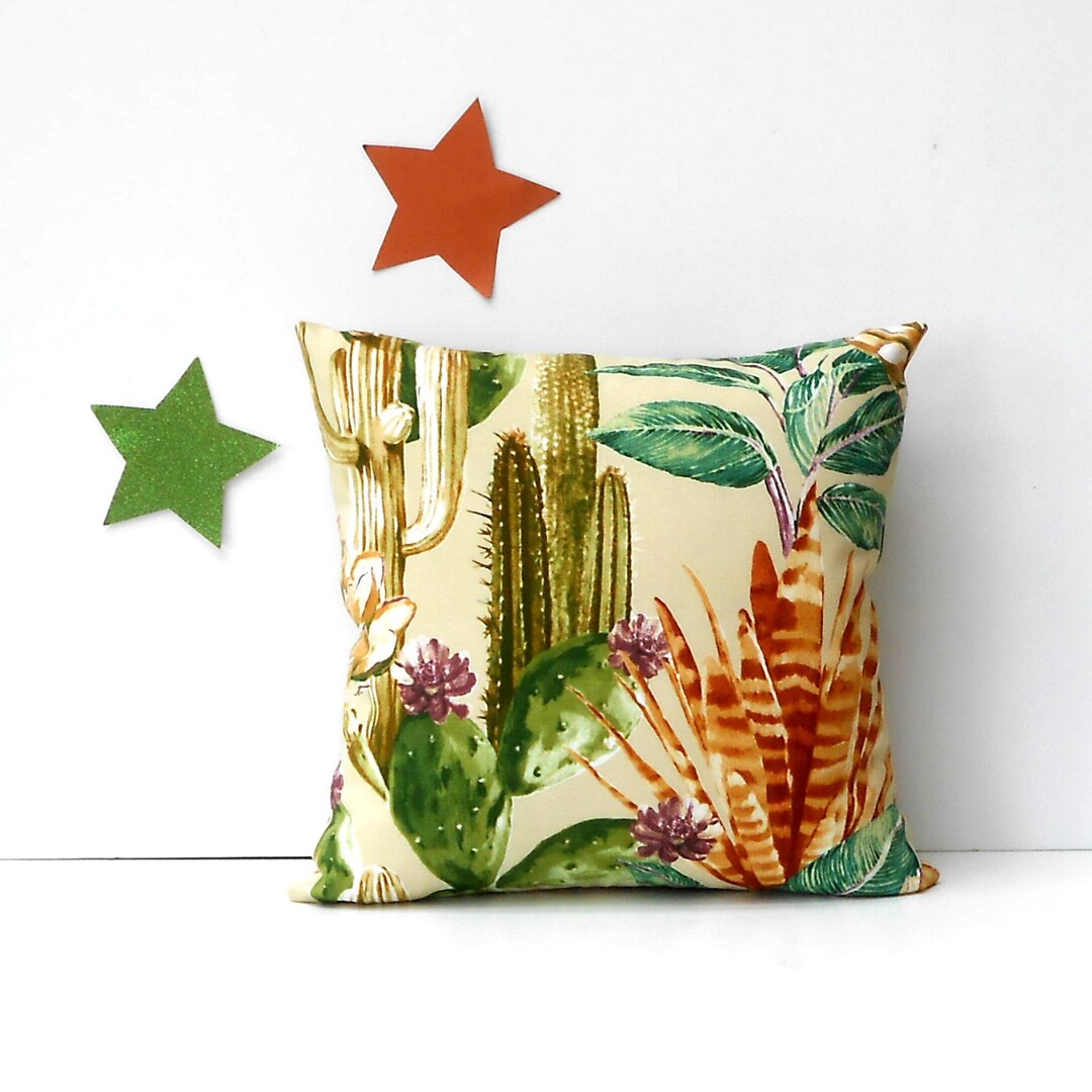 Solarium Cactus Print Outdoor Pillow Cover, 18x18 Green Brown Desert ...