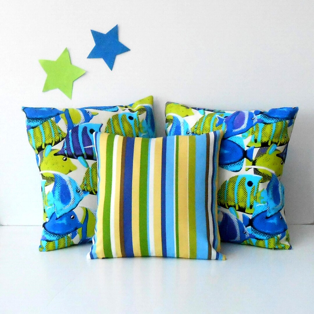 3 Outdoor Pillows Combo, Fish Print in Greens and Blues Paired With ...