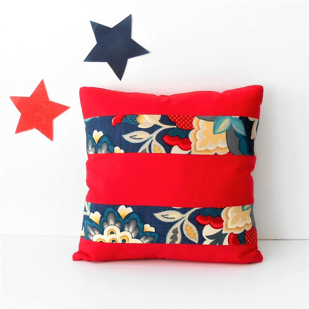 Waverly Red and Blue Floral Pillow Cover in Striped Color Blocking With ...