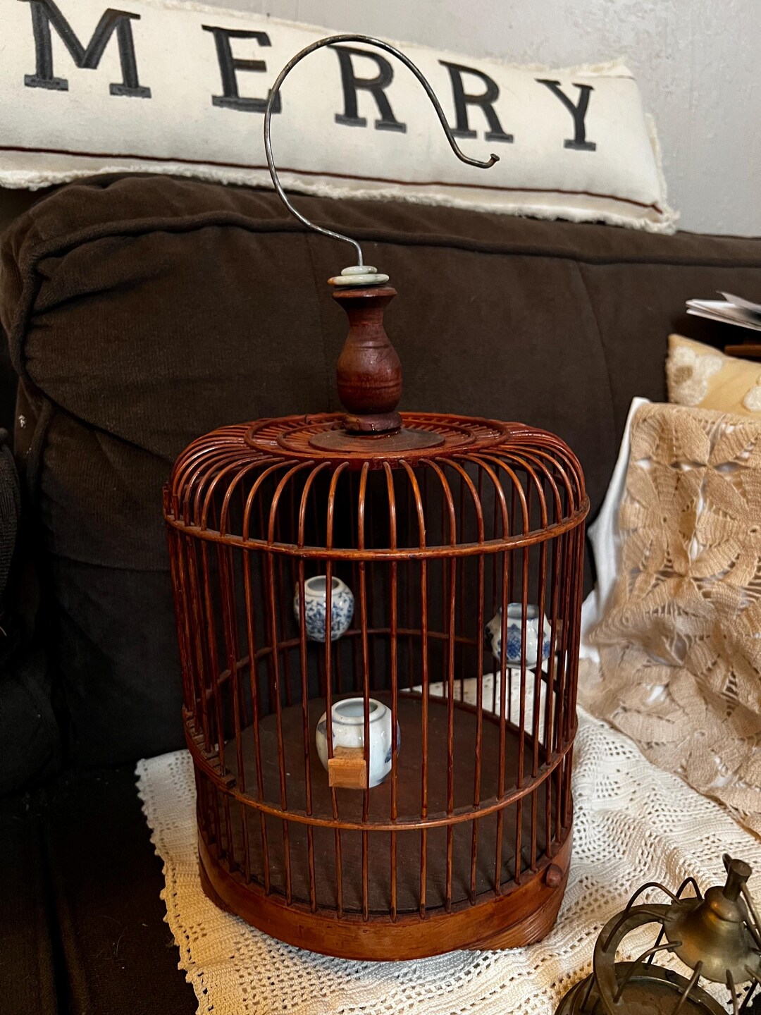 Gorgeous Old Antique Asian Chinese Japanese Oriental Wooden Birdcage W/ Pottery Feeders Jade ...