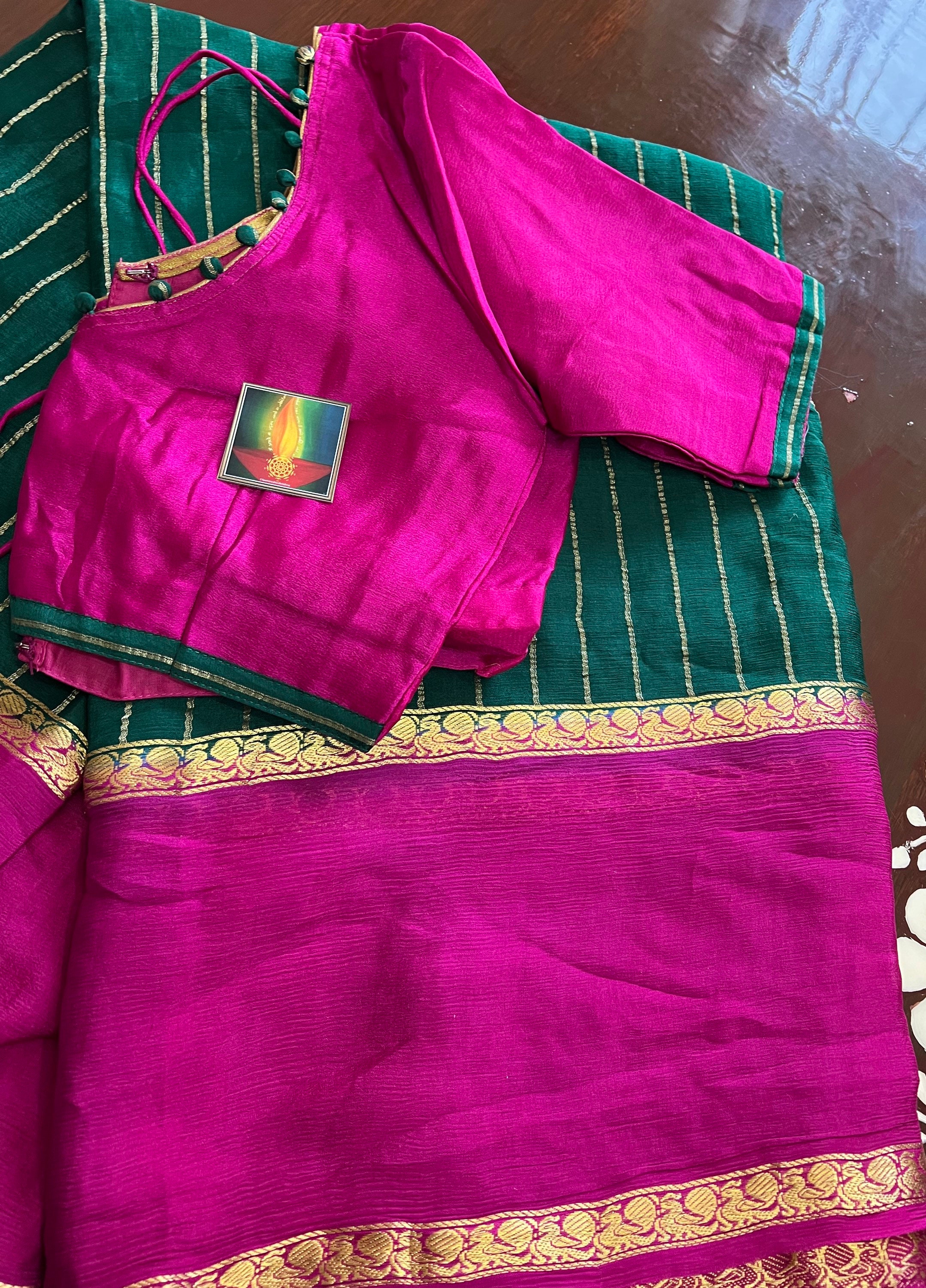 Original Wrinkle Crape Saree With Stitched Designer Blouse, Ready to ...