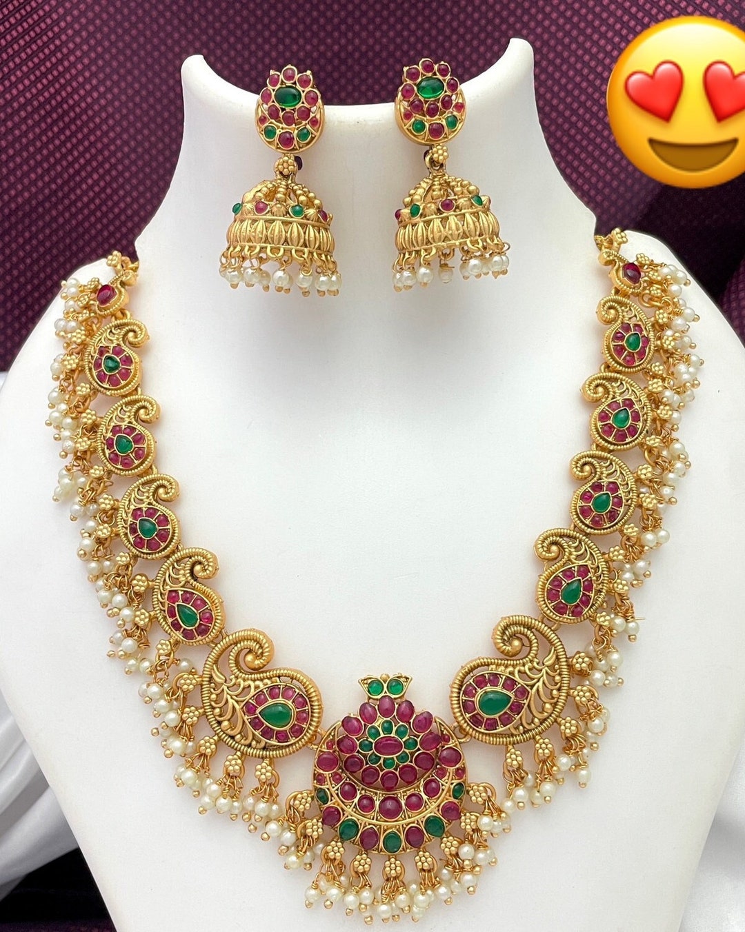 Temple Jewelry, Pearls , Kemp and Gold Necklace Set With Earrings ...