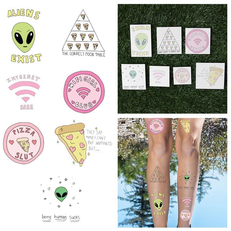 Cute Colorful Cartoon Aliens Pizza WiFi Body Art Temporary | Etsy