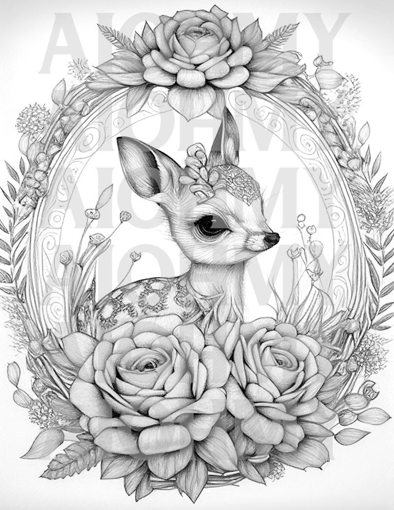 Deer Coloring Page Printable Adult Coloring Page Book Instant Download Grayscale And Pdf Etsy