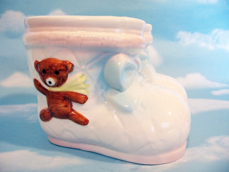 Planter Ceramic Baby Booties Pink Bluewhite Teddy Bears - Etsy