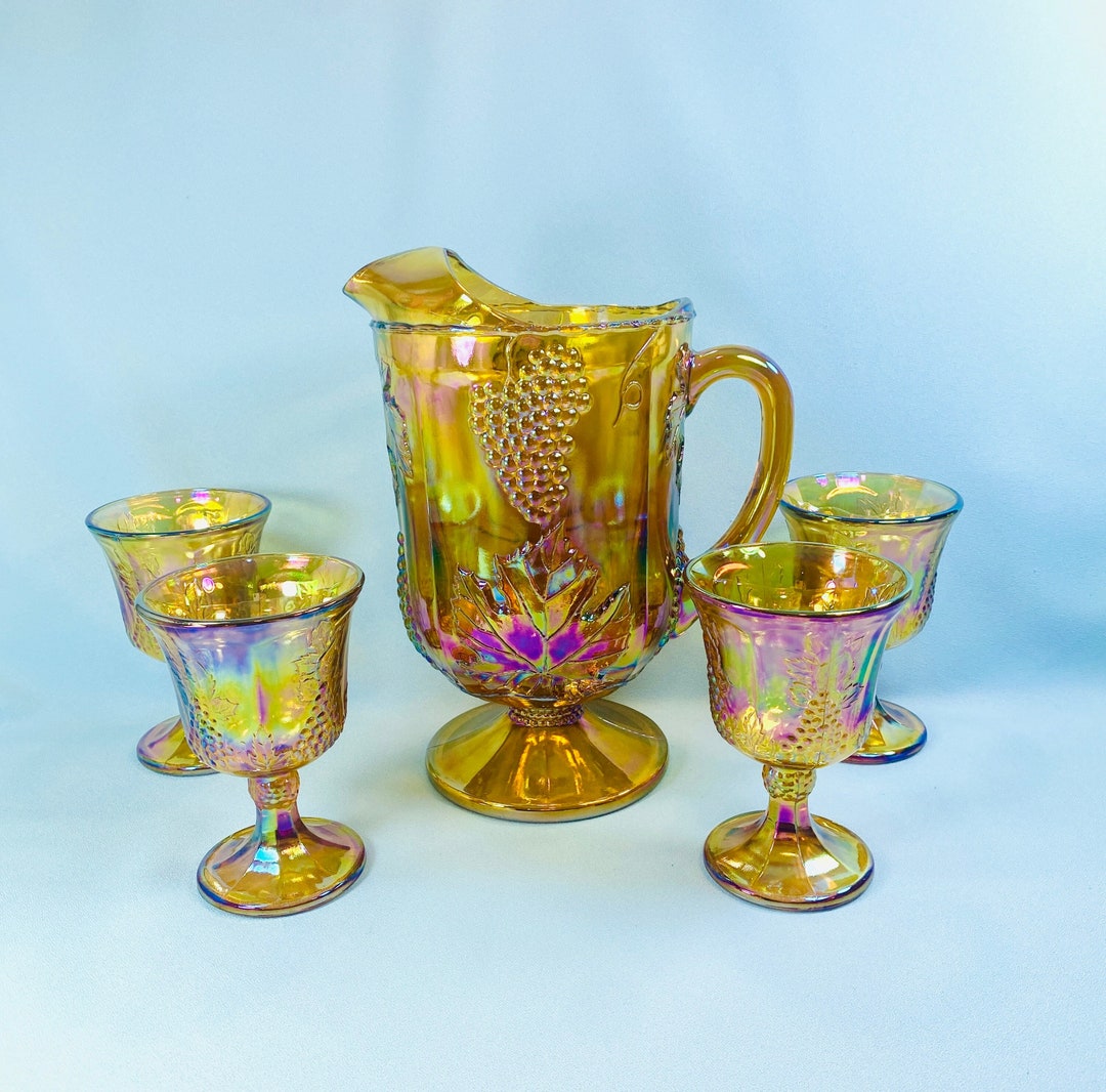 Harvest Gold Carnival Glass Pitcher With 4 Goblets, Harvest Pattern ...