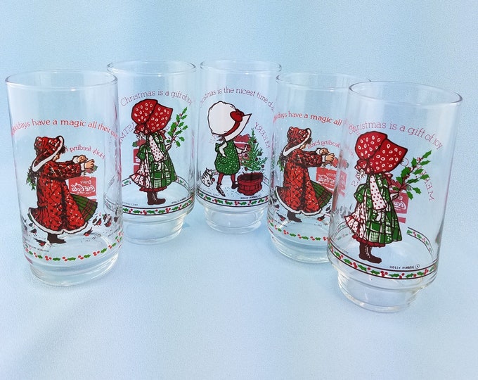 Holly Hobby Christmas Glasses Set Of 5 By Coca Cola 1980s Holiday