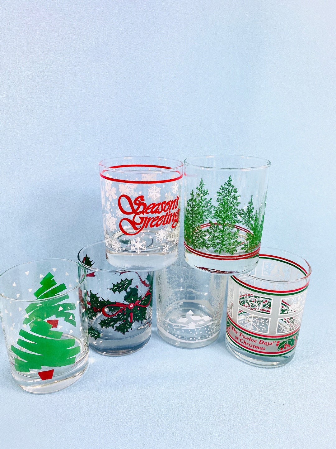 Mixed Set of 6 Vintage Christmas Theme Drinking Glasses, Bar Ware ...
