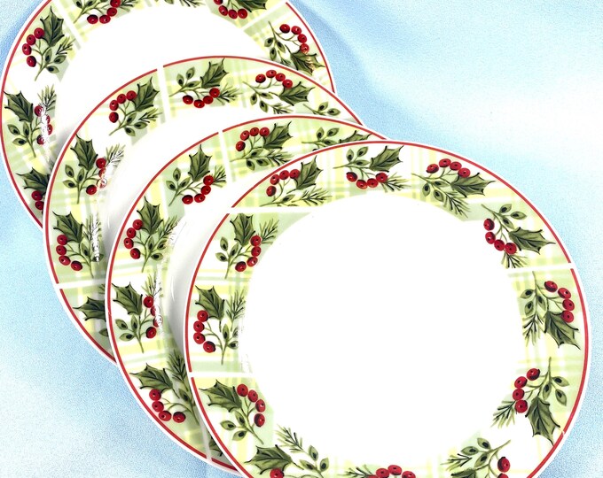 Christmas Dishes by Gibson Designs, Set of FOUR Holly and Plaid 6 Inch ...