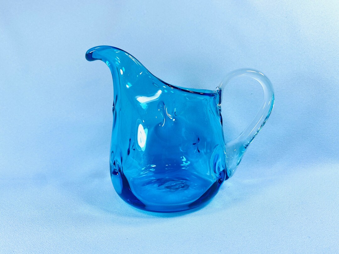 Bischoff Art Glass Pitcher, Dimpled Blue Blown Glass With Clear Applied ...