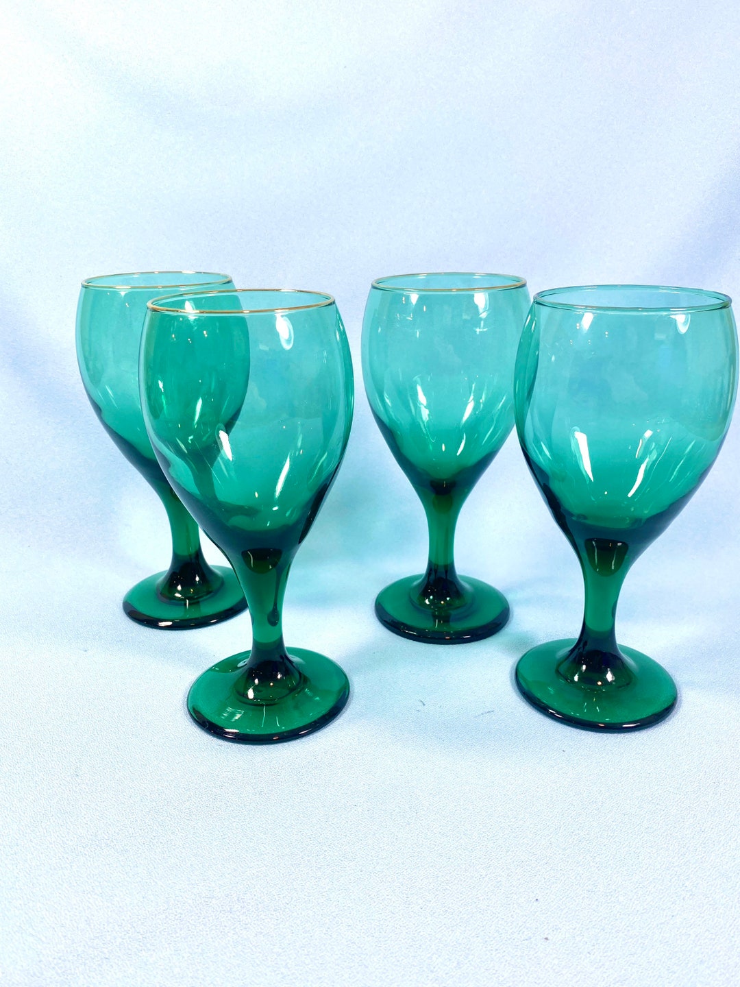 Vintage Libbey Emerald Green Goblets: Retro Gold Rim Stemware, Set of 4 ...