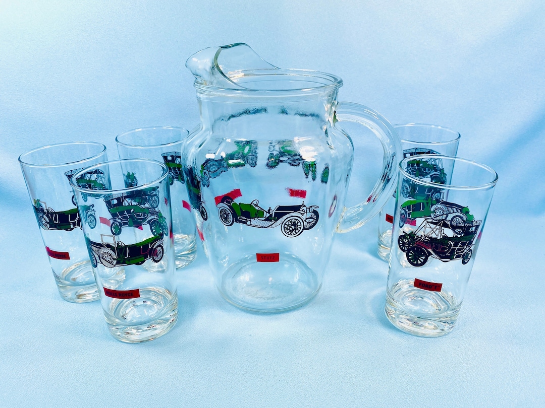 Pitcher and 5 Drinking Glasses, Vintage Cars, Car Club, Man Cave, Gift ...