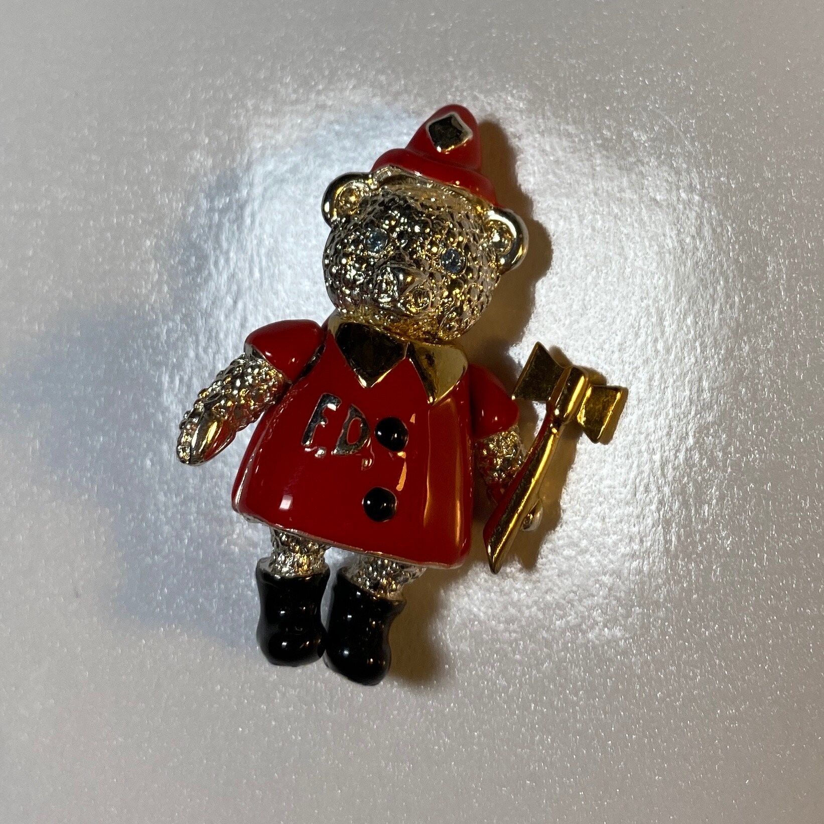 Napier Firefighter Teddy Bear Brooch Pin Rhinestone Enamel Articulated ...