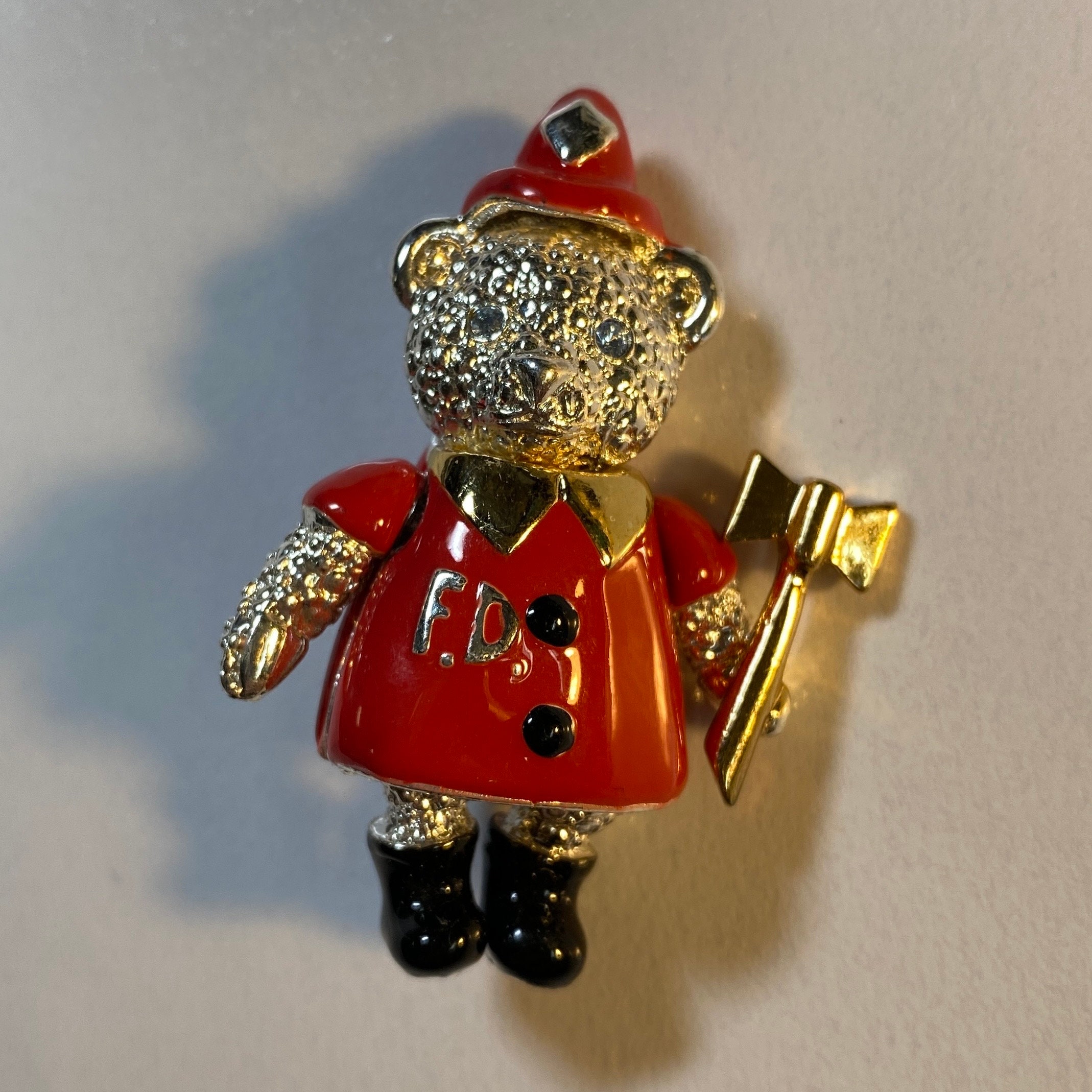Napier Firefighter Teddy Bear Brooch Pin Rhinestone Enamel Articulated ...