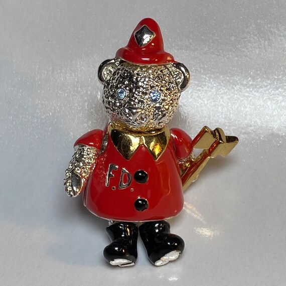 Napier Firefighter Teddy Bear Brooch Pin Rhinestone E… - Gem