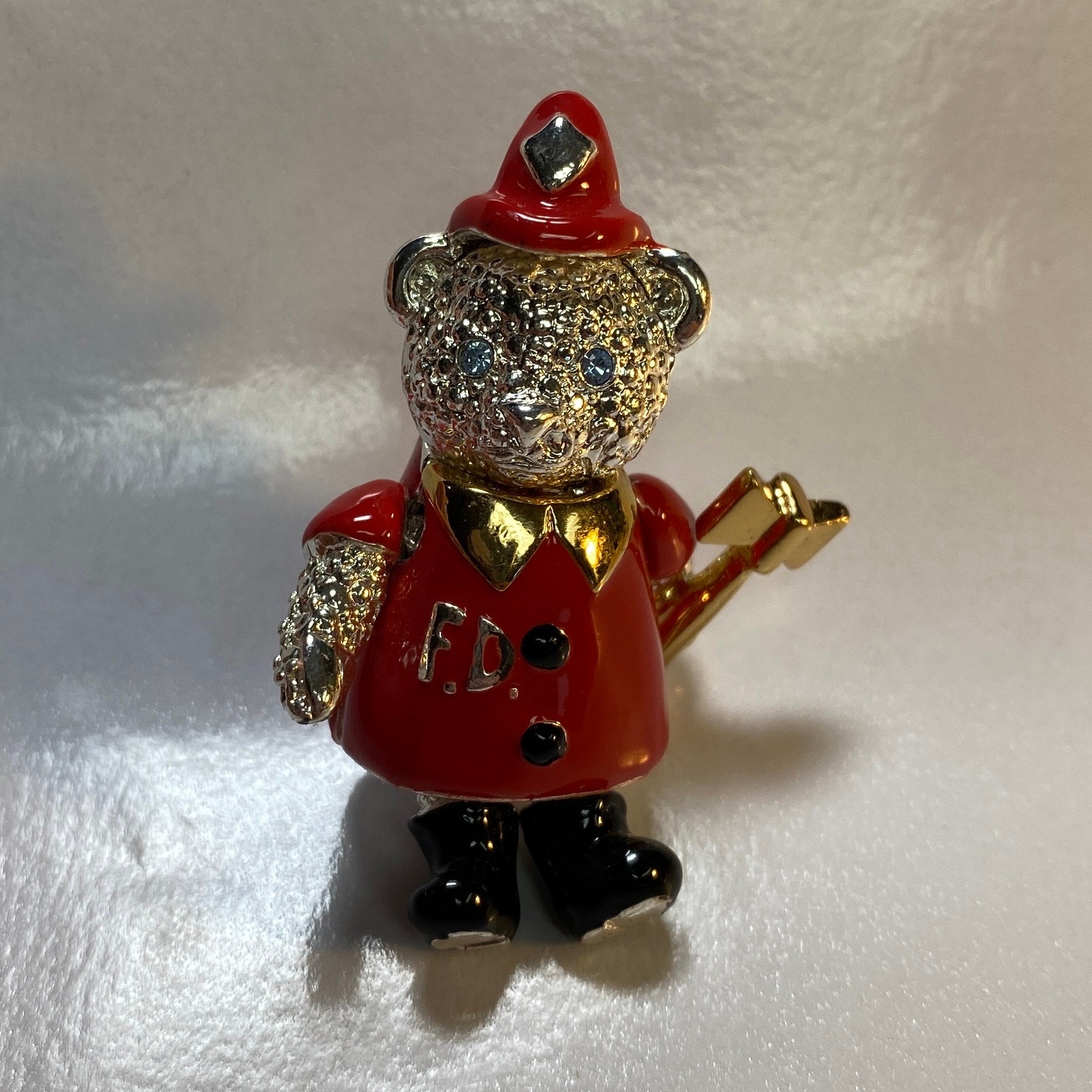 Napier Firefighter Teddy Bear Brooch Pin Rhinestone Enamel Articulated ...