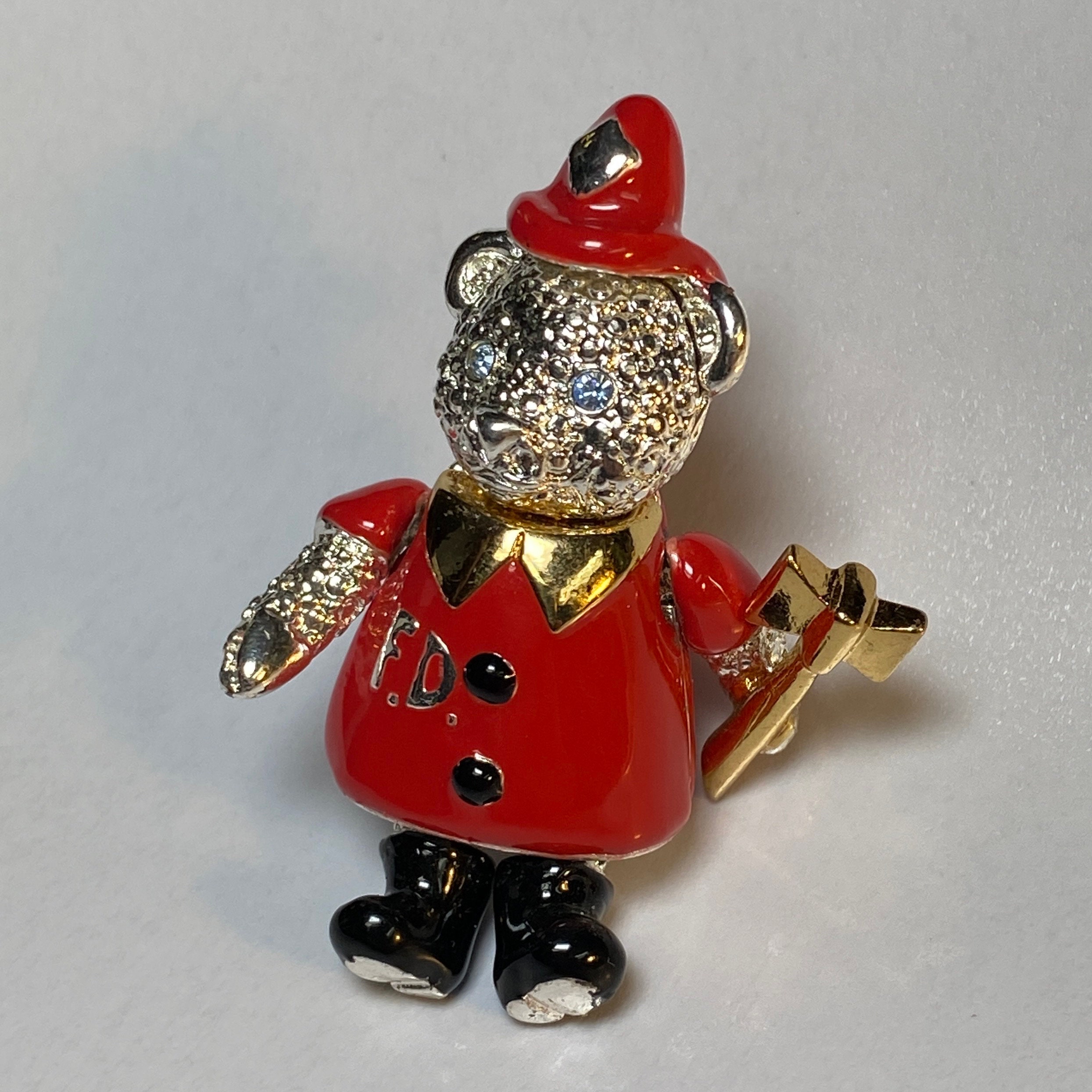Napier Firefighter Teddy Bear Brooch Pin Rhinestone Enamel Articulated ...