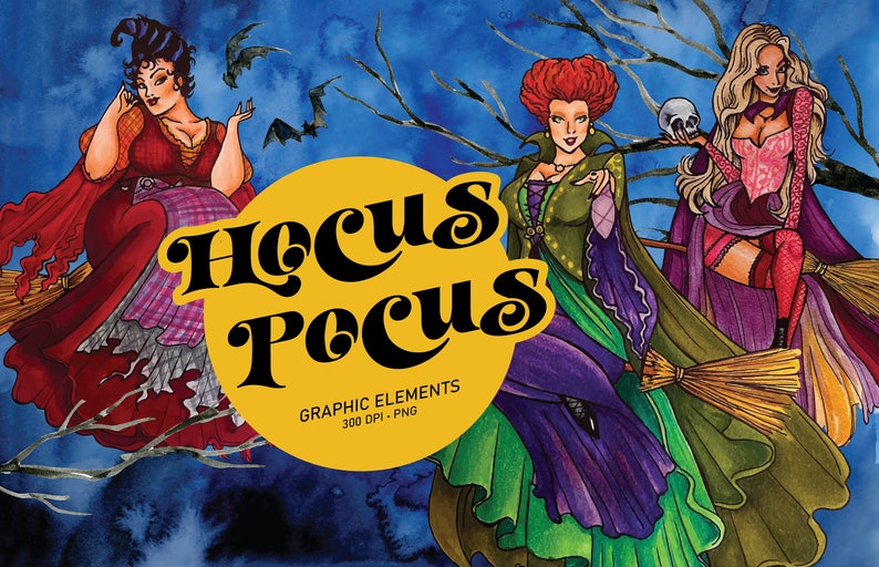 Hocus Pocus Hand Drawn Clipart, Watercolor, Halloween, Digital Download ...