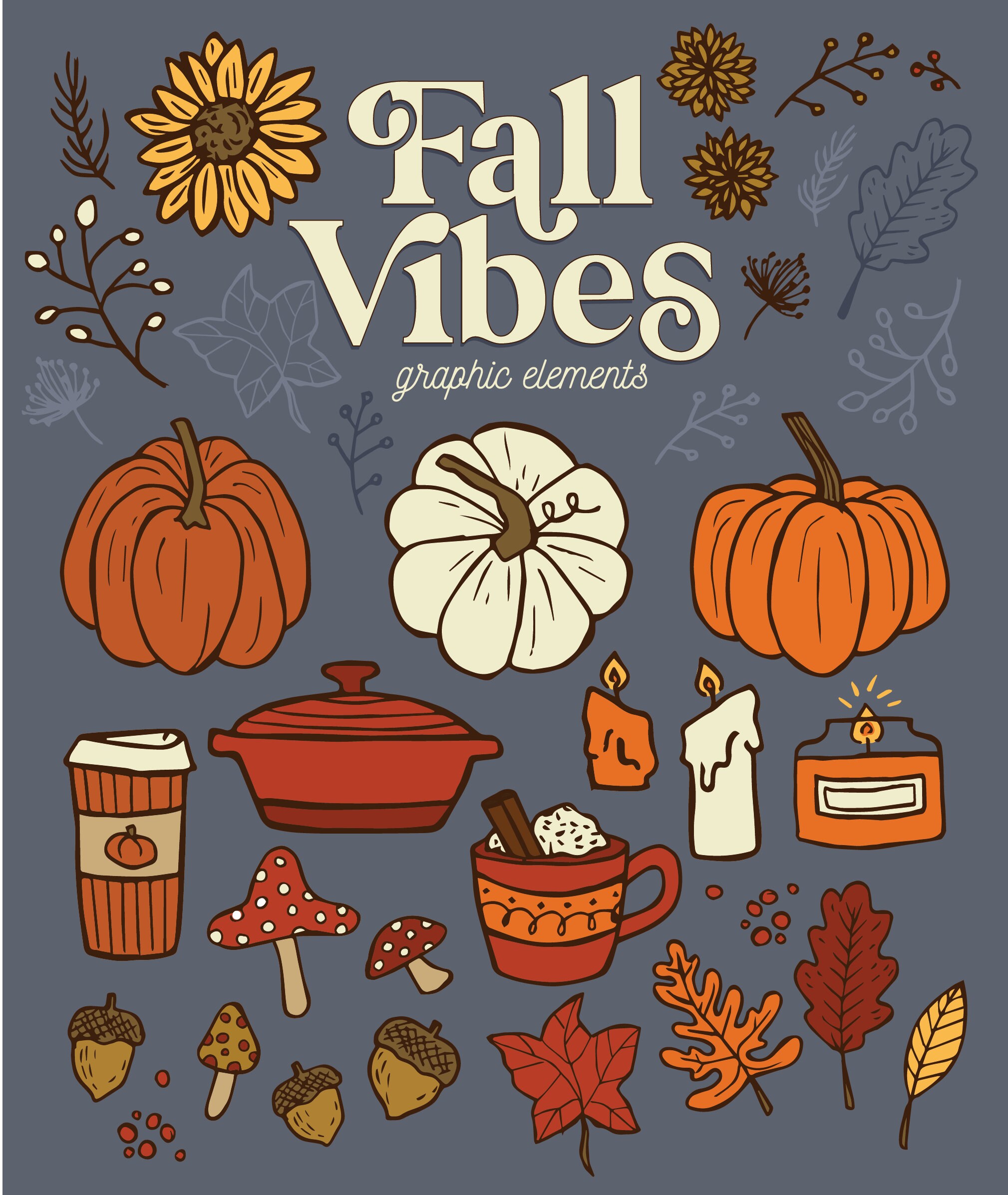 Hand Drawn Fall Vibes Clipart - Autumn Aesthetic, Fall Leaves, Pumpkins ...