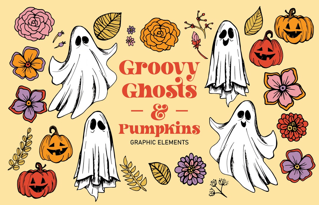 Retro Ghost Vector Clipart - Pumpkins, Fall Foliage, Flowers, Groovy ...