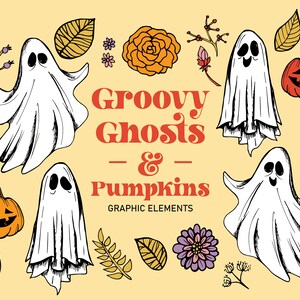 Retro Ghost Vector Clipart - Pumpkins, Fall Foliage, Flowers, Groovy ...