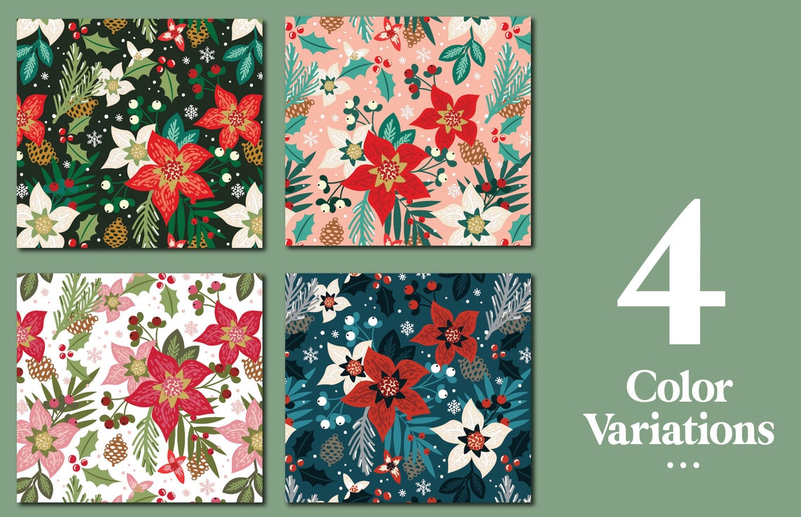 Holiday Foliage Digital Paper, Poinsettia, Retro, Seamless Pattern ...