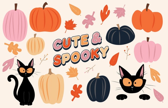 Black Cat Clipart Pink Pumpkin Fall Leaves Pumpkins - Etsy