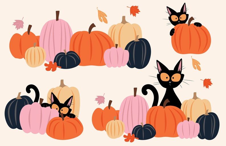 Black Cat Clipart - Pink Pumpkin, Fall Leaves, Pumpkins, Pumpkin Spice ...
