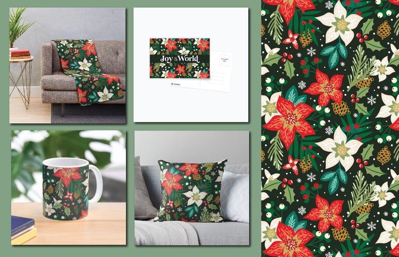 Holiday Foliage Digital Paper, Poinsettia, Retro, Seamless Pattern ...