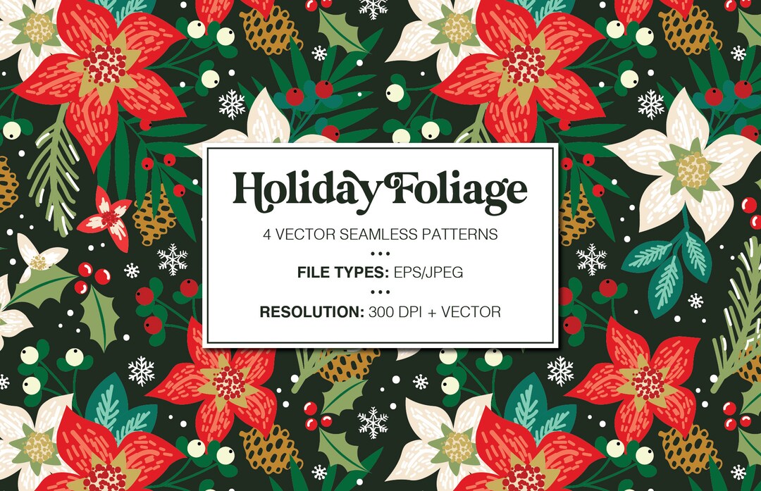 Holiday Foliage Digital Paper, Poinsettia, Retro, Seamless Pattern ...