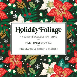 Holiday Foliage Digital Paper, Poinsettia, Retro, Seamless Pattern ...