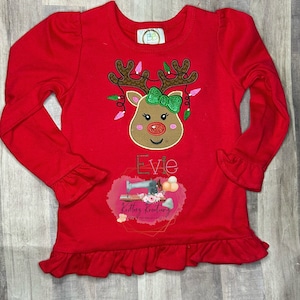 Girls Embroidered Christmas Shirt. Reindeer Shirt. Holiday Shirt ...