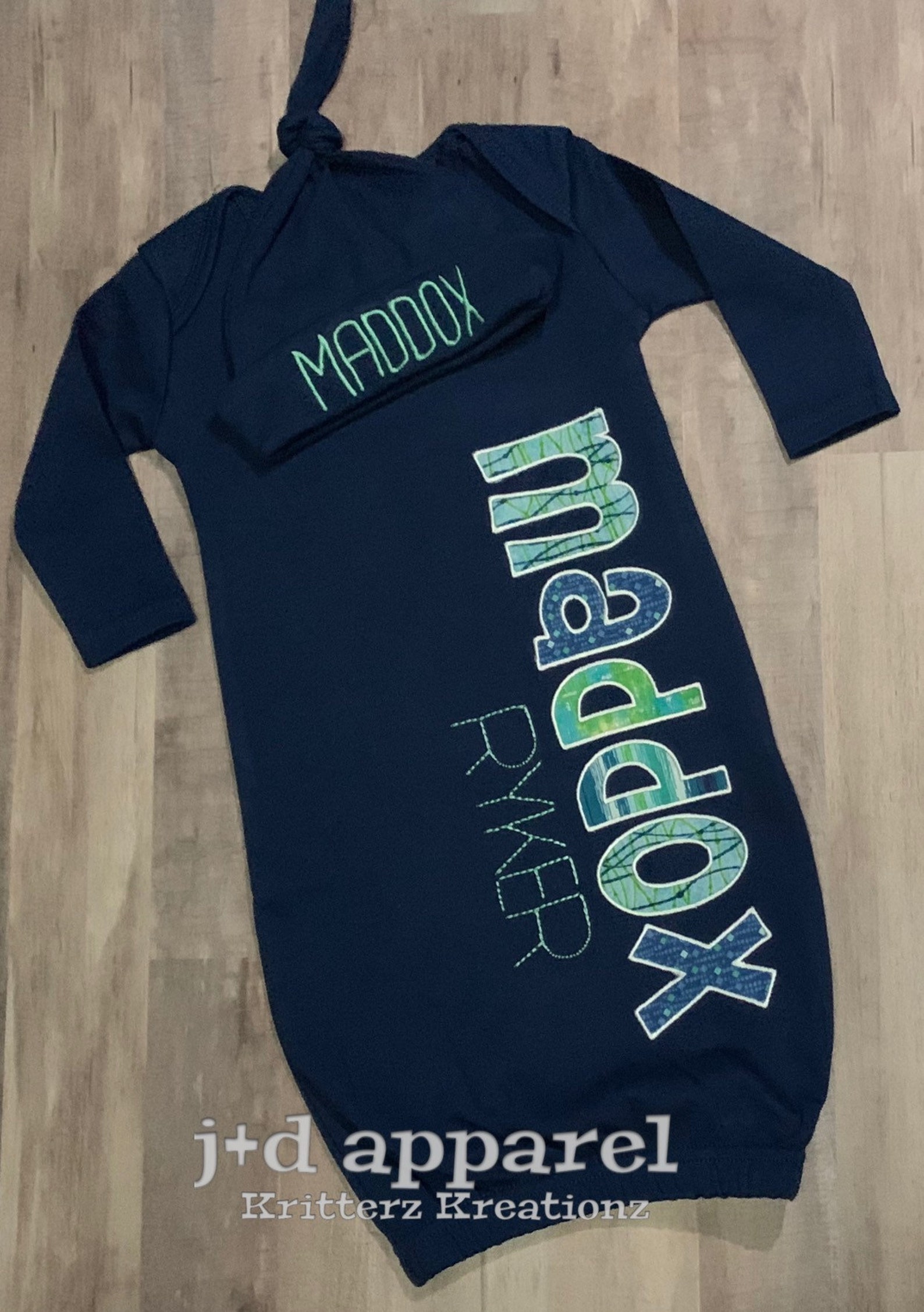 Personalized Navy Baby Gown and Hat. Blue Green Aqua and | Etsy