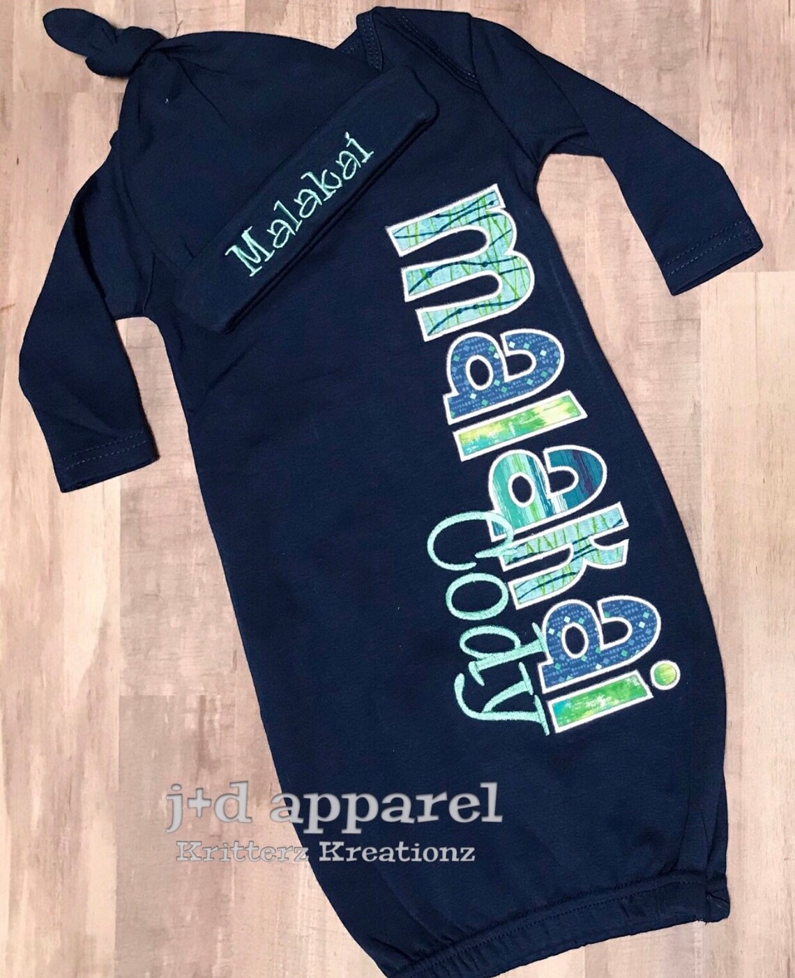 Personalized Navy Baby Gown and Hat. Blue Green Aqua and | Etsy