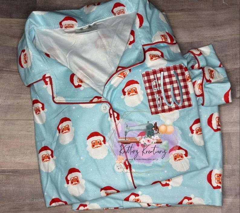 Embroidered Monogram Button up Christmas Pajamas. Vintage Santa Pajamas ...