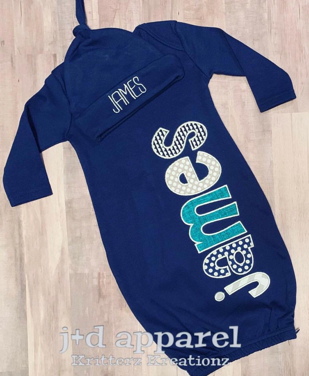 Personalized Navy Baby Gown and Hat. Teal, Navy and Grey. Coming Home ...