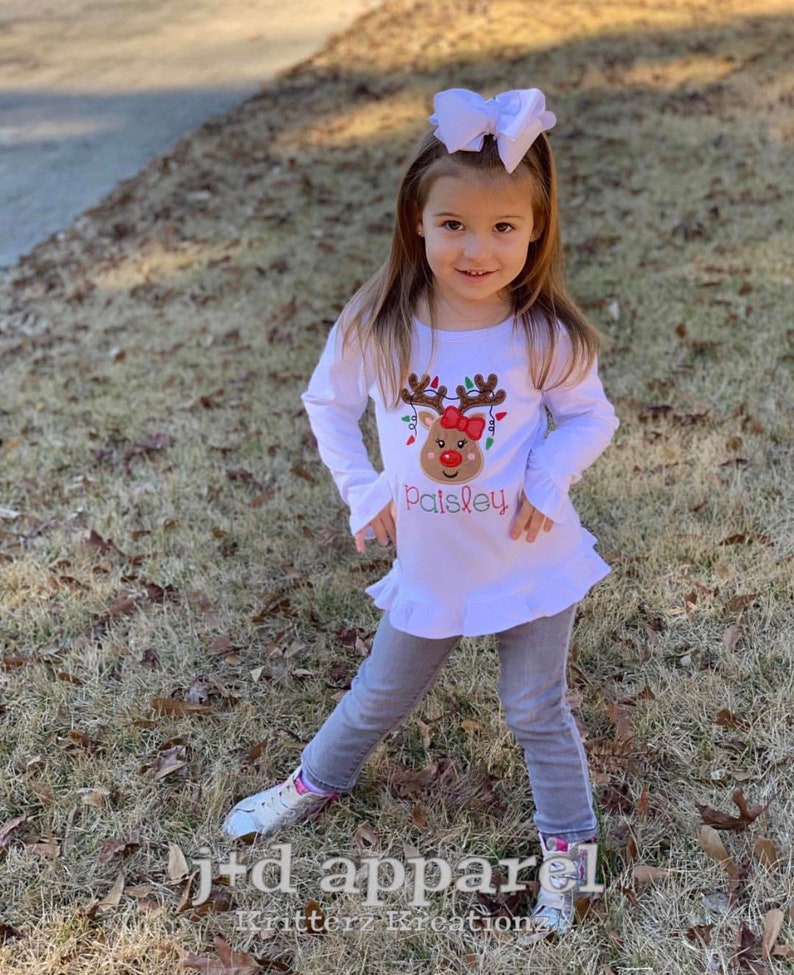 Girls Embroidered Christmas Shirt. Reindeer Shirt. Holiday Shirt ...
