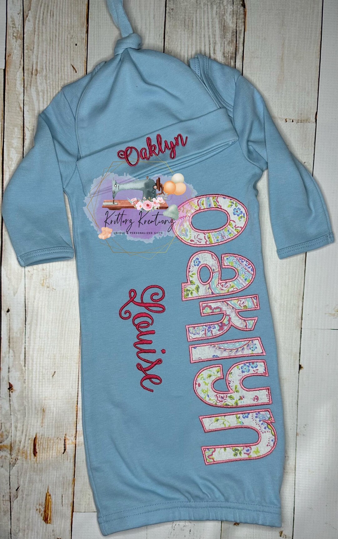 Personalized Baby Blue Baby Gown and Hat. Pastel Paisley. Baby Girl ...