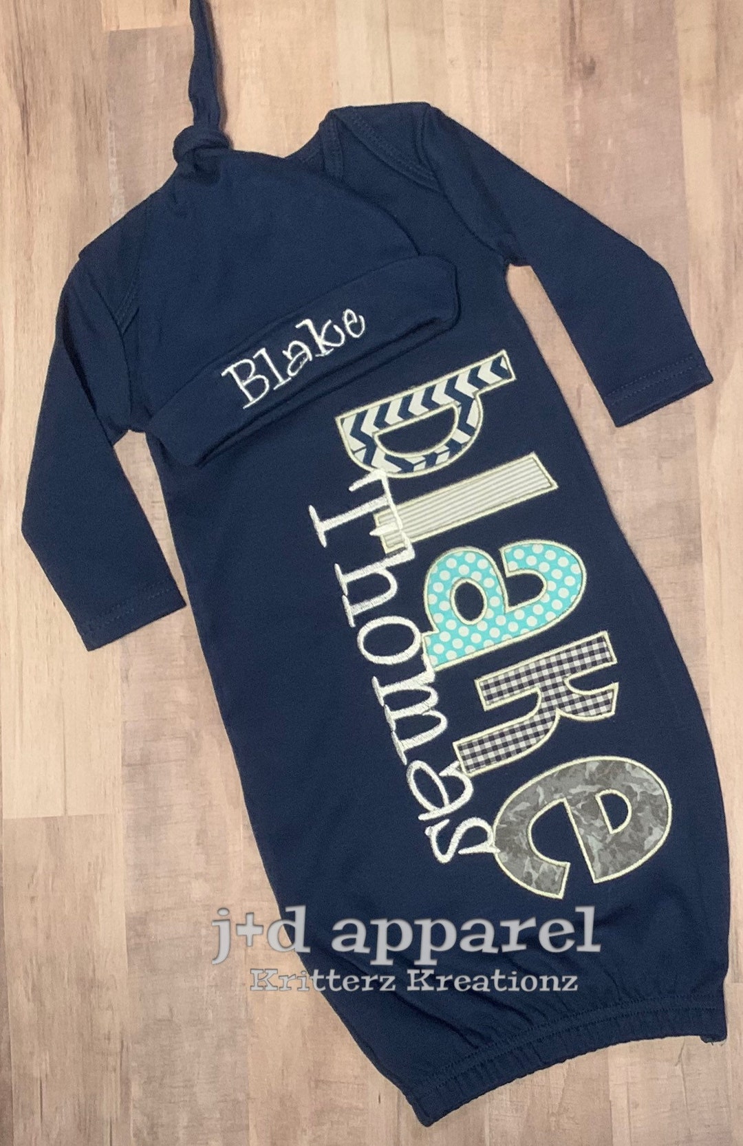 Personalized Navy Baby Gown and Hat. Grey, Aqua and Navy. Baby Coming ...